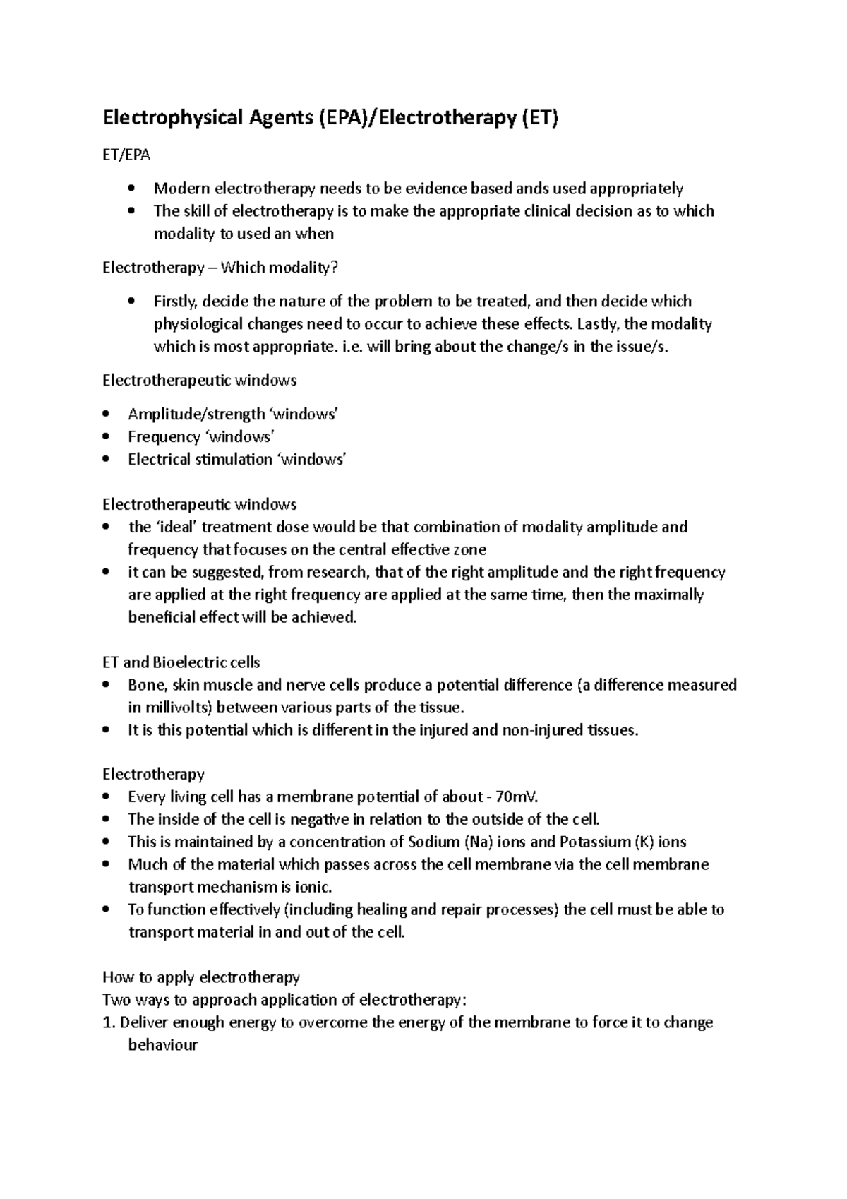 PS1002 notes - Electrophysical Agents (EPA)/Electrotherapy (ET) ET/EPA ...