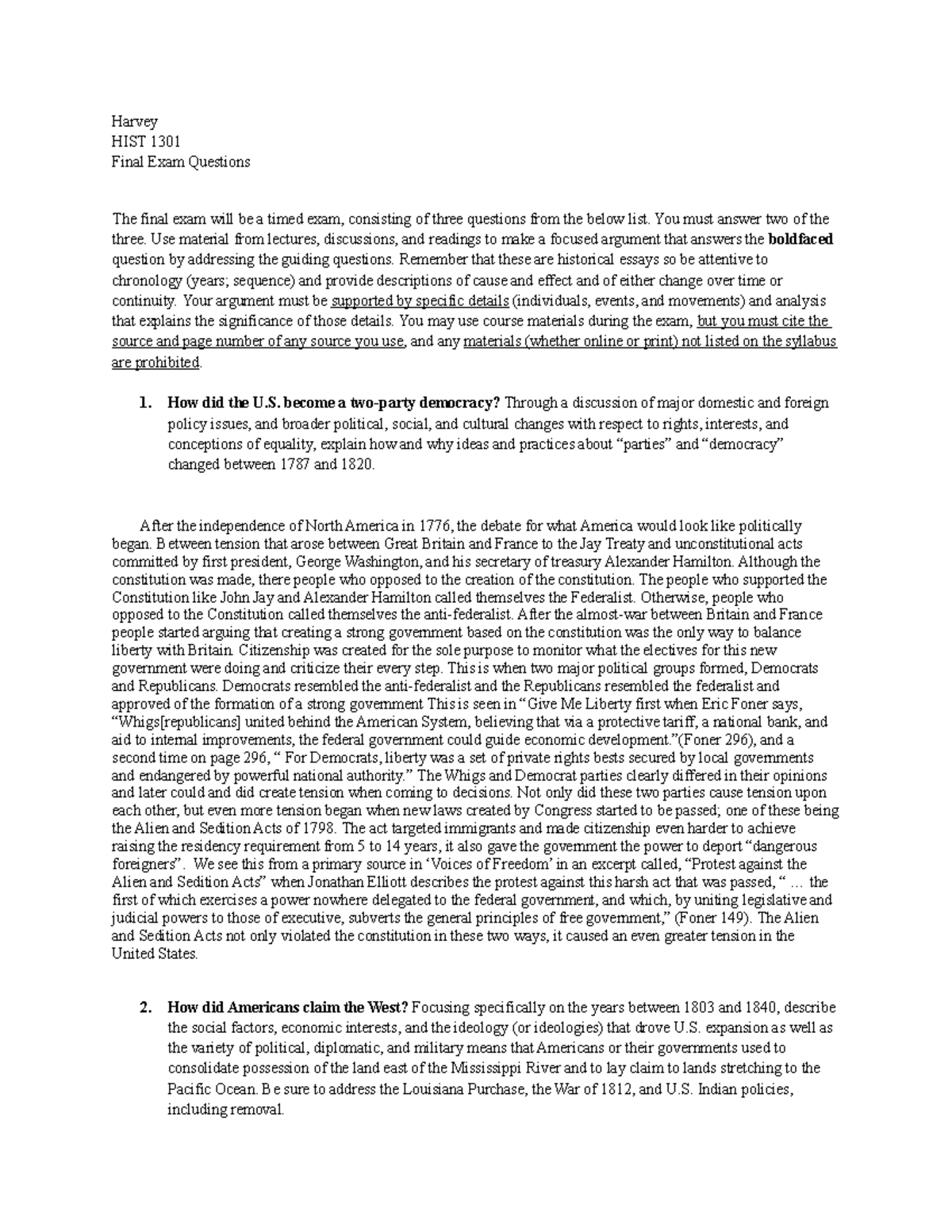 Final Exam Questions - Harvey HIST 1301 Final Exam Questions The final ...
