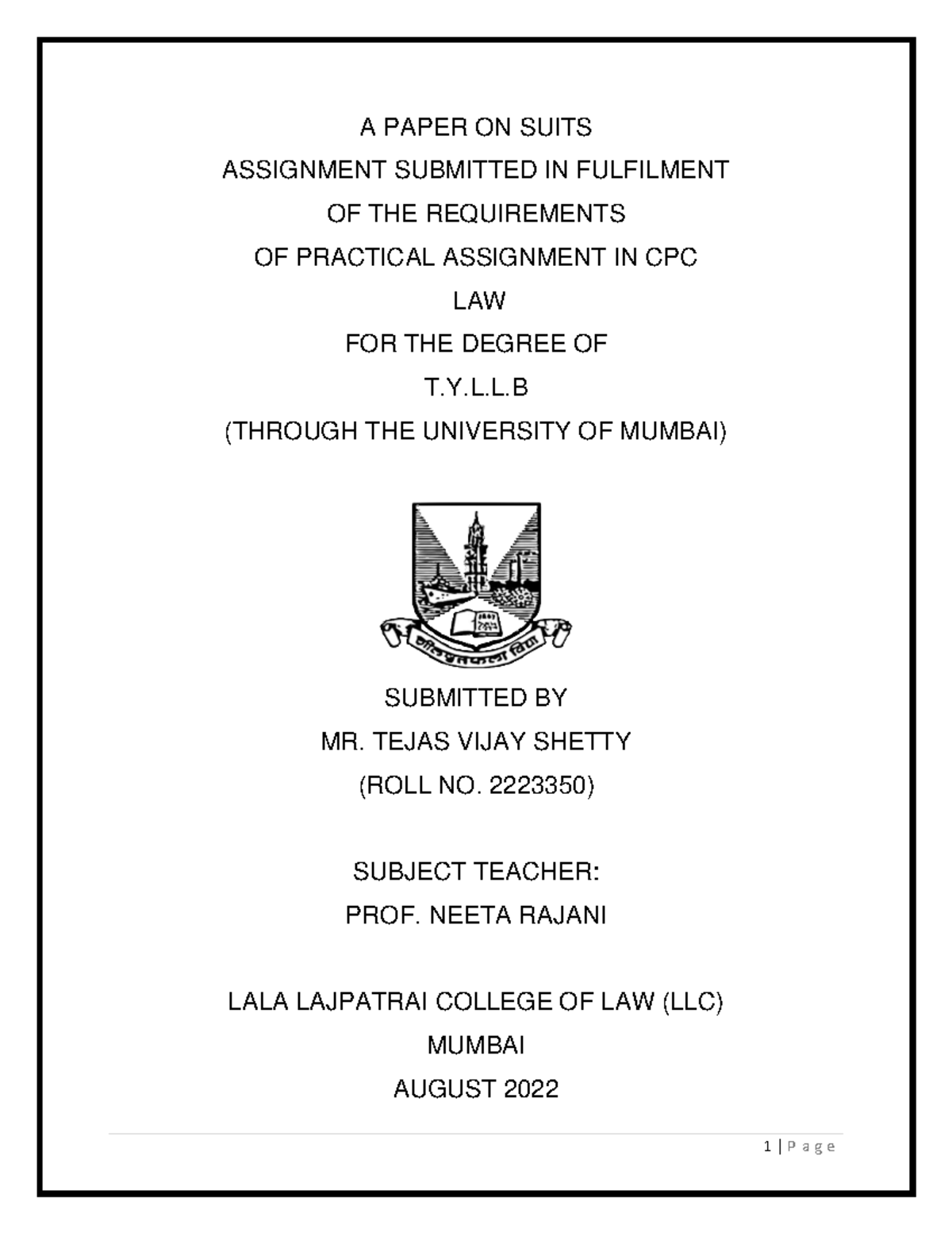 Tejas cpc - A PAPER ON SUITS ASSIGNMENT SUBMITTED IN FULFILMENT OF THE ...