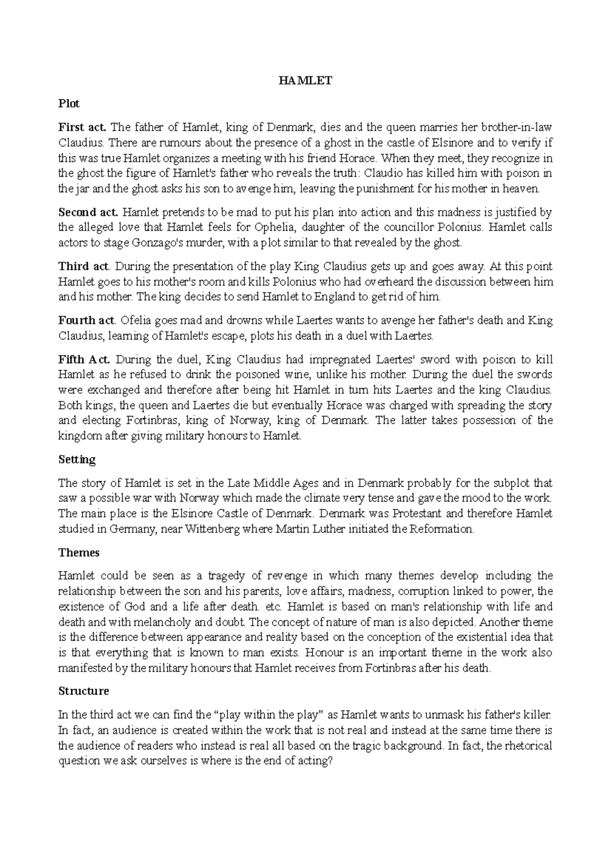 Hamlet - HAMLET Plot First act. The father of Hamlet, king of Denmark ...