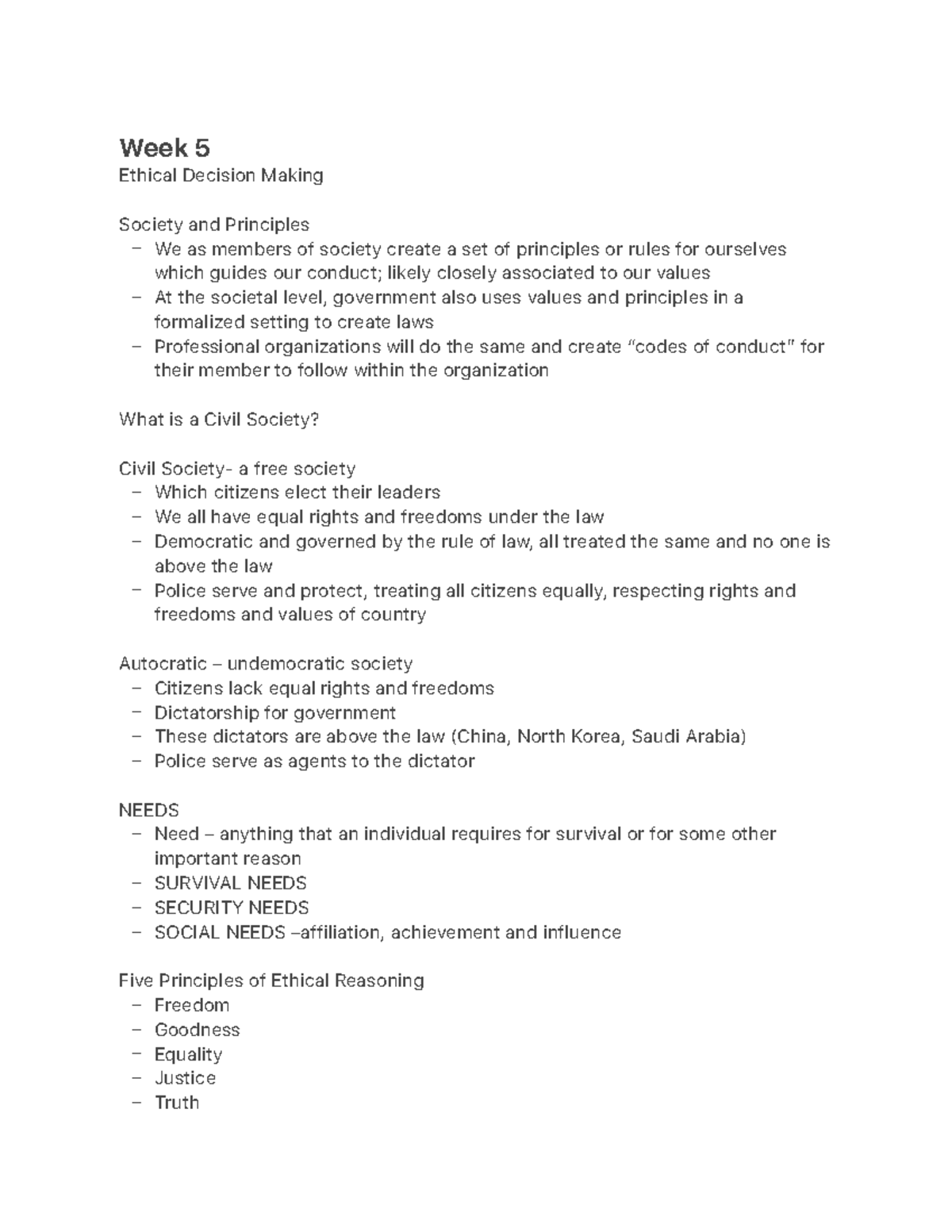 Week 5 Ethical Reasoning - – – – – – – – – – – – – – – – – – – – – Week ...