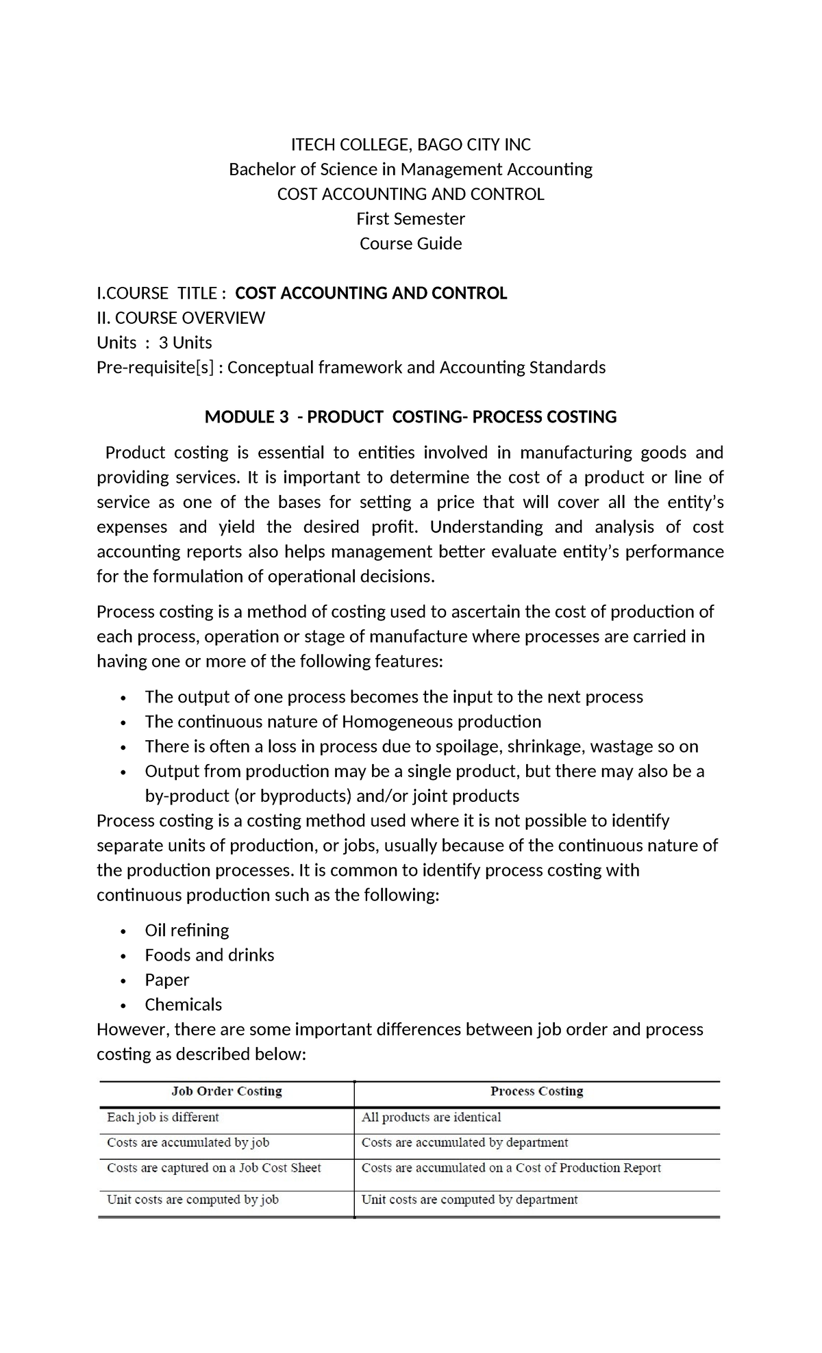Module 3 Product Costing Process Costing - ITECH COLLEGE, BAGO CITY INC ...