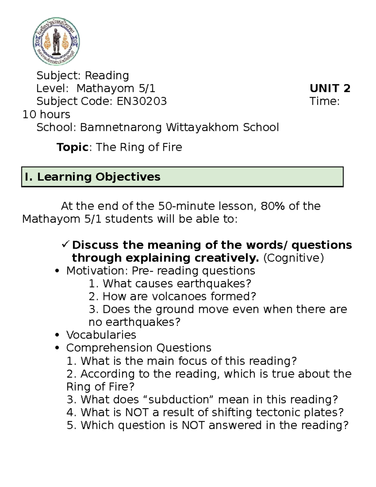 2-THE RING OF FIRE - adadasdas - Subject: Reading Level: Mathayom 5/1 ...