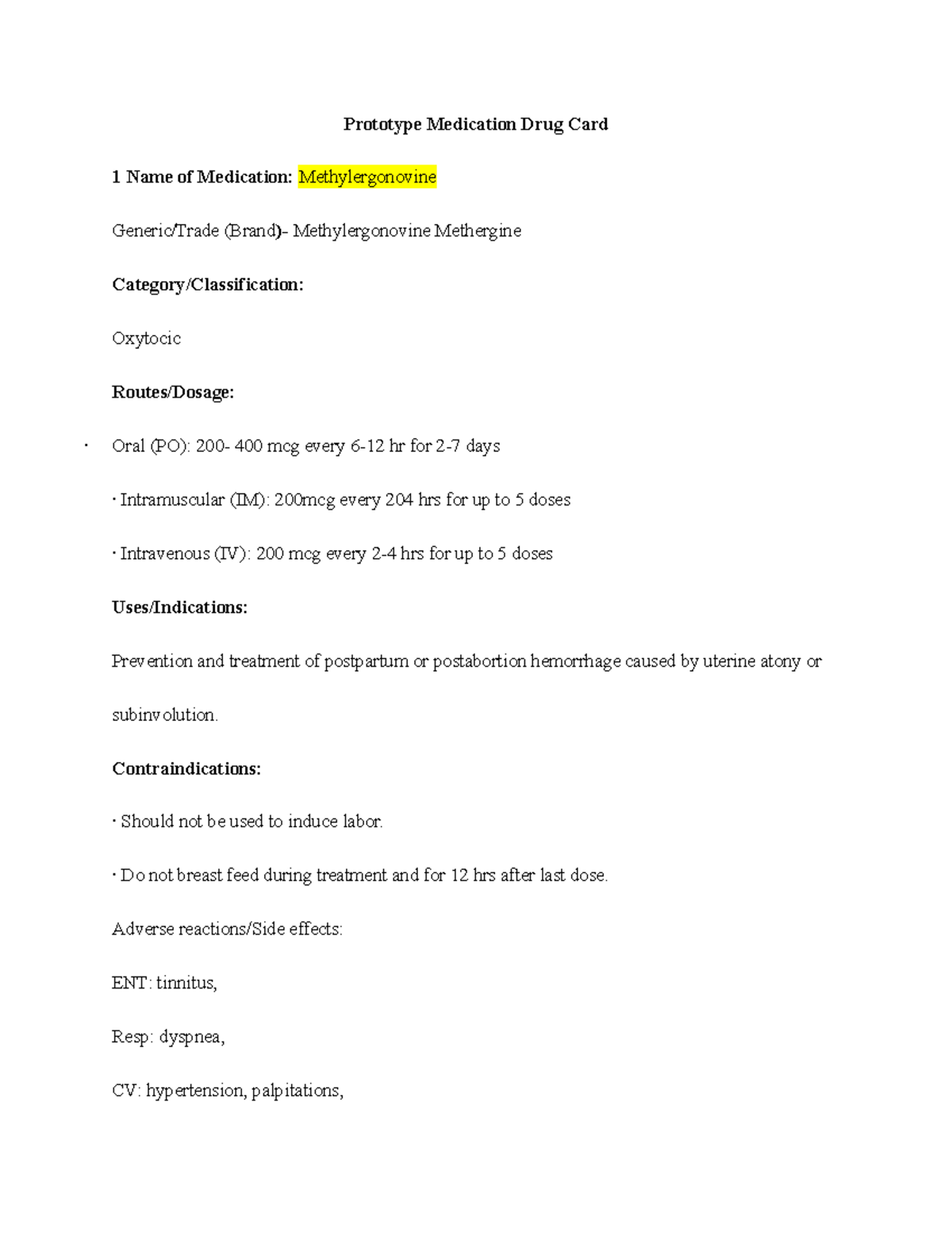 Prototype Medication Card - Prototype Medication Drug Card 1 Name of ...