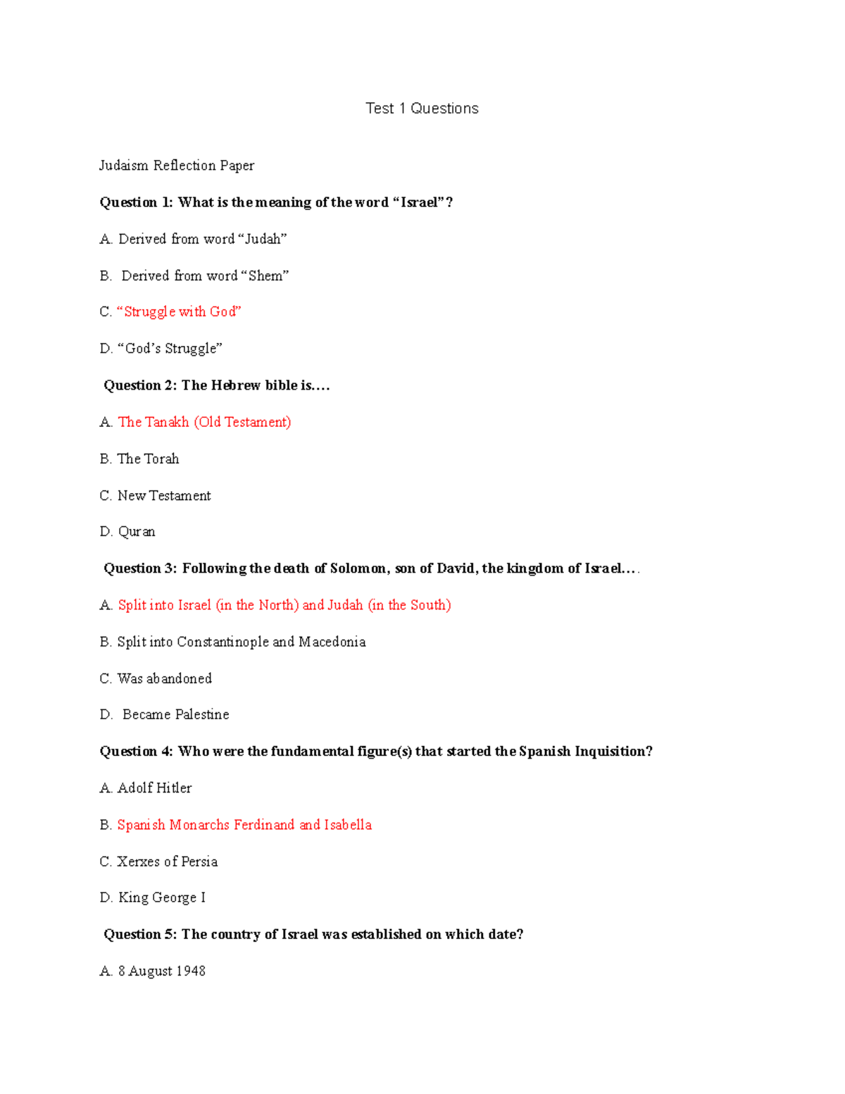 RELI 1001 Test 1 Q - Test questions / study guide - Test 1 Questions ...