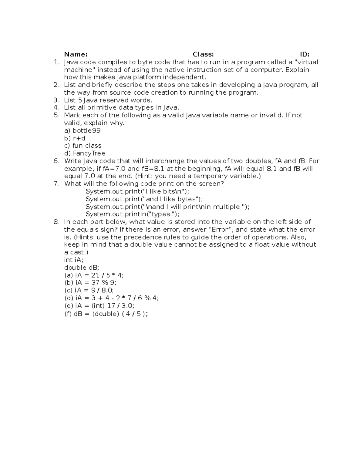 Hw1 Question For Mac190 Object Oriented Programming Name Class Id 1 Java Code Compiles To