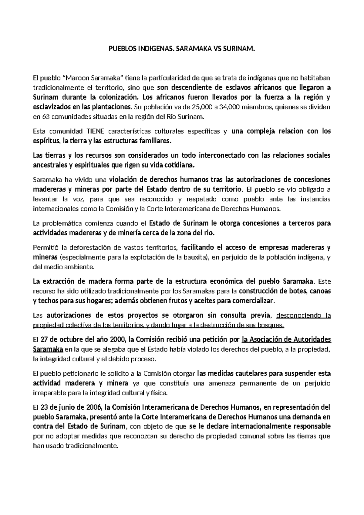 PUEBLOS INDIGENAS. Resumen - PUEBLOS INDIGENAS. SARAMAKA VS SURINAM. El ...