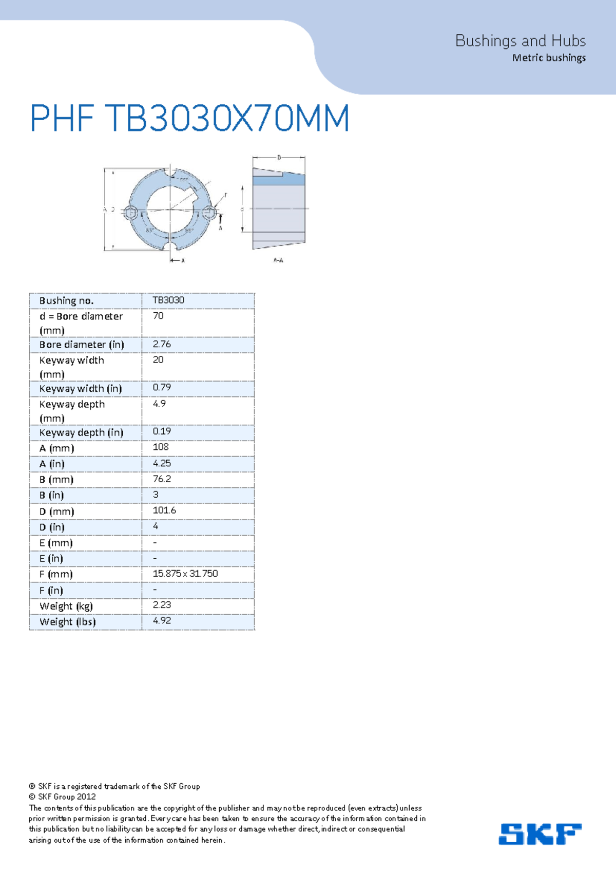 PHF TB3030X70MM - phf - ® SKF is a registered trademark of the SKF ...
