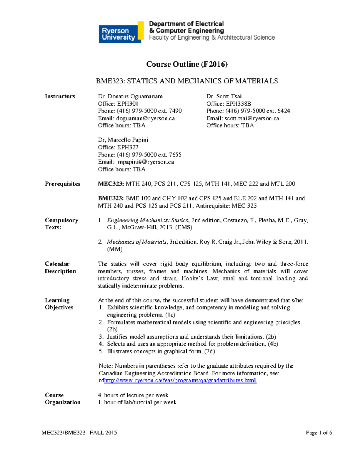 BME323 course outline - Syallabus - Course Outline (F2016) BME323 ...