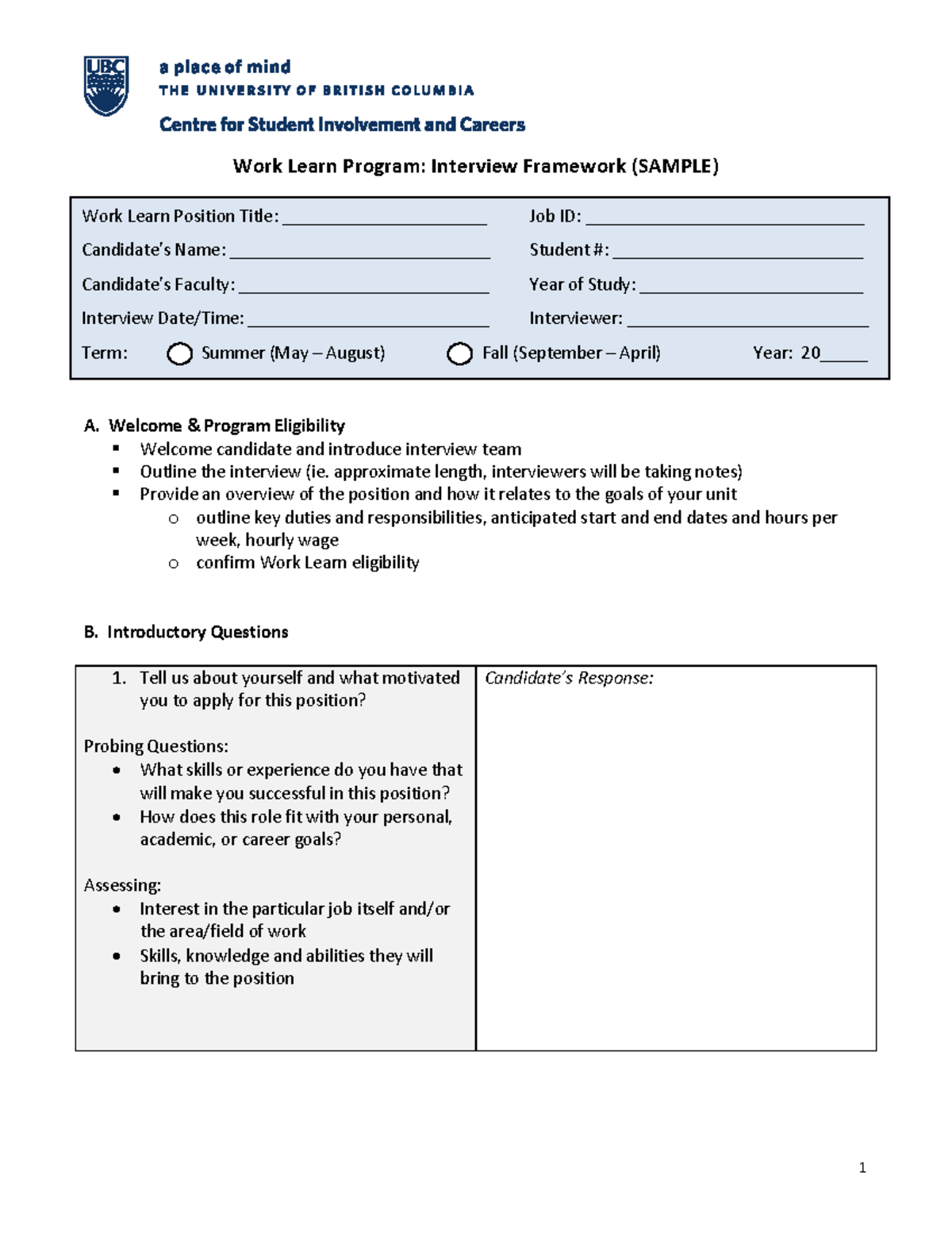 Work Learn Program - Interview Framework ( Sample) - Work Learn Program ...
