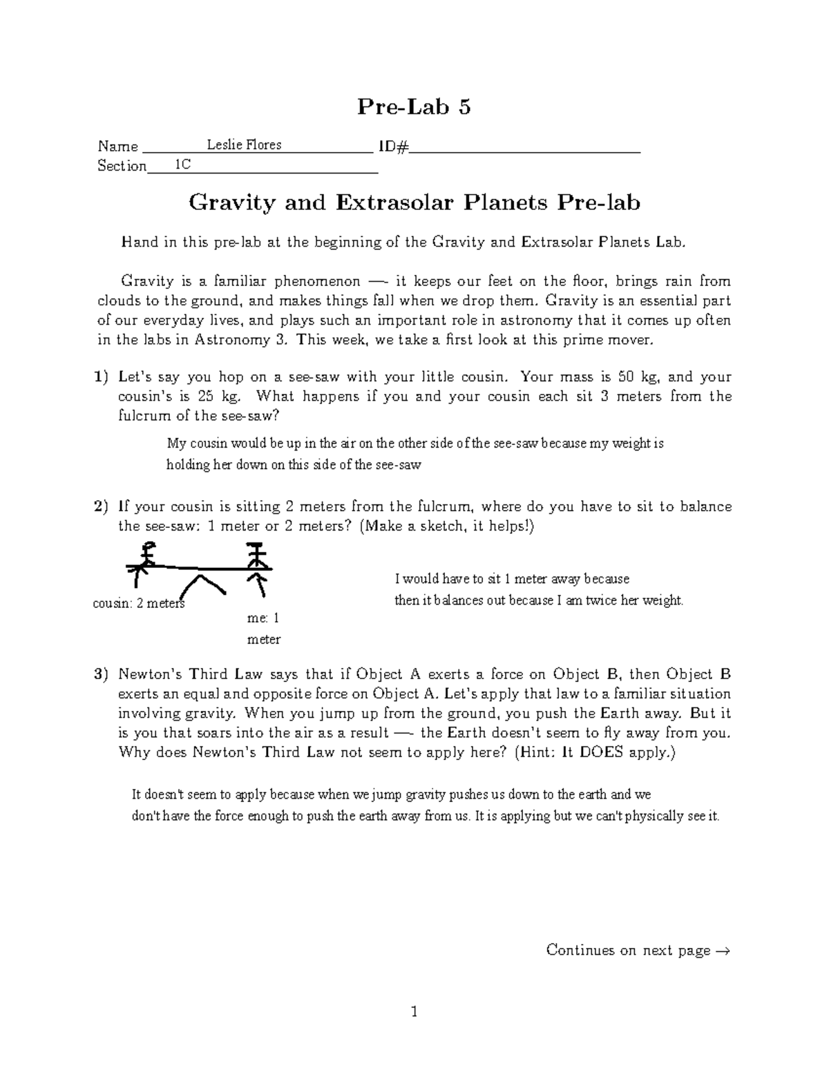 Pre-Lab 5 Astro3 - Pre-Lab 5 Name ID# Section Gravity and Extrasolar ...