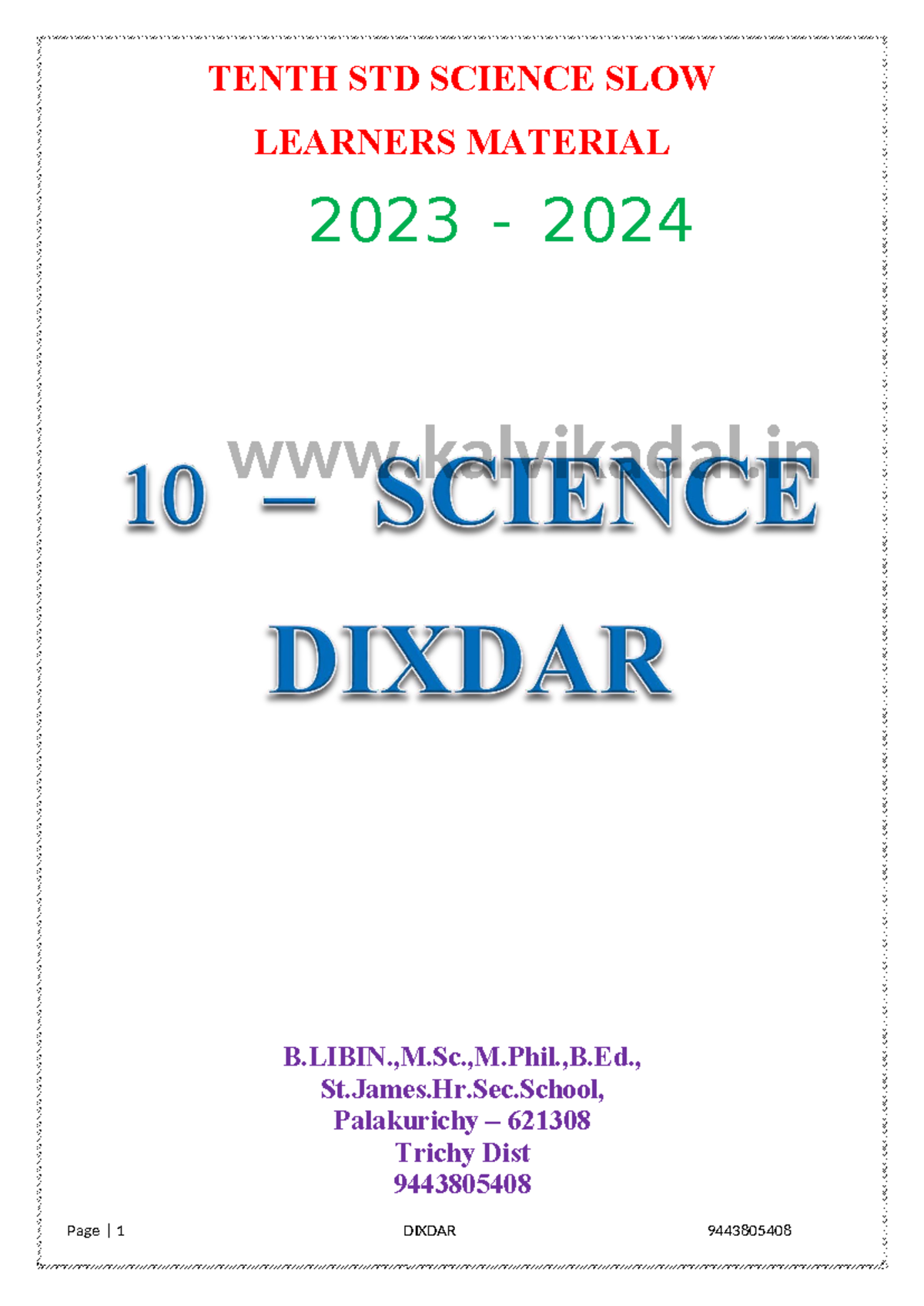Hari science - TENTH STD SCIENCE SLOW LEARNERS MATERIAL 2023 - 2024 B ...