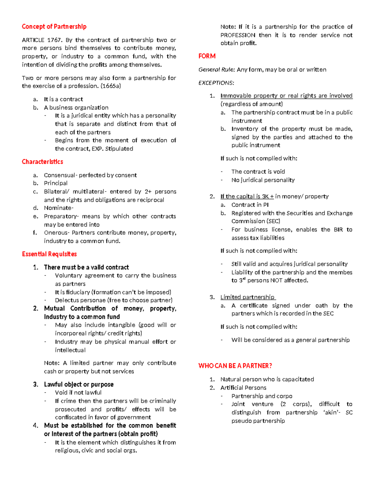 Partnership-Notes - Concept of Partnership ARTICLE 1767. By the ...