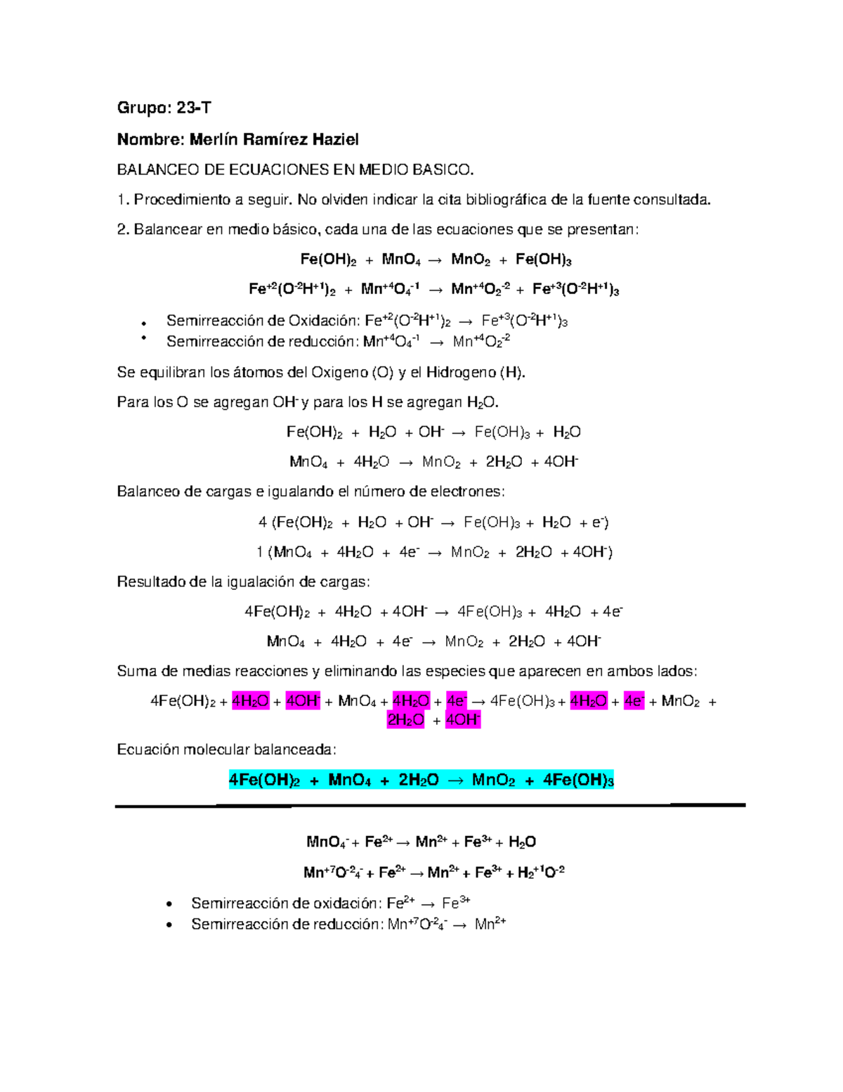 Tarea- Balanceo DE Ecuaciones EN Medio Basico - Grupo: 23-T Nombre ...