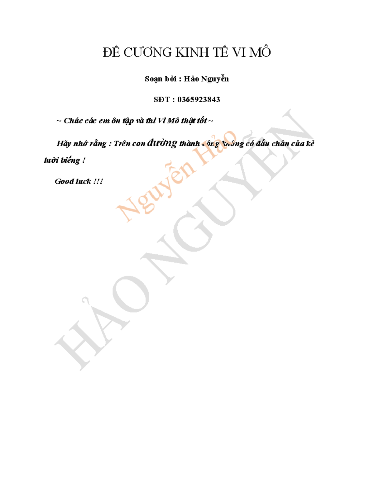 Kinh Tế Vi Mô - Hảo Nguyễn - H À O NGUY à N ĐÂ C ̄¡NG KINH TÀ VI MÔ Soạn bởi : Hảo Nguyễn SĐT ...