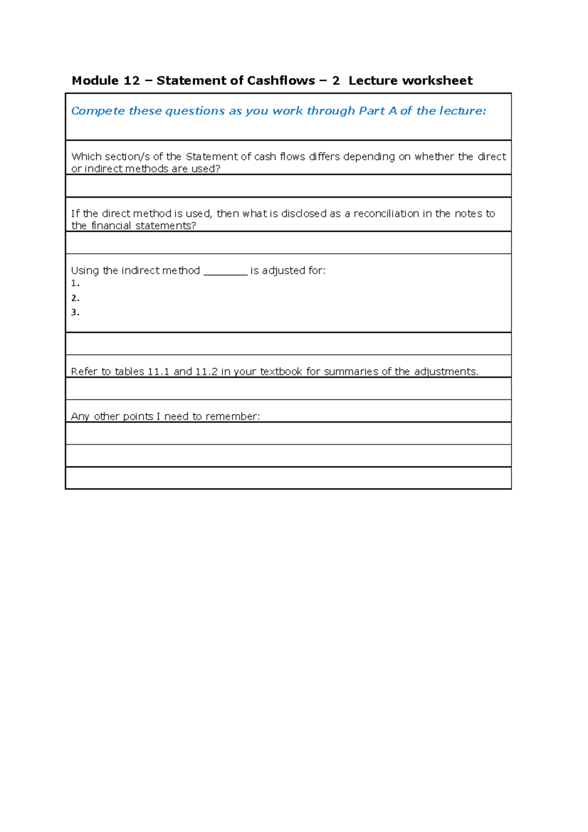 Module 12 Lecture worksheet - Module 12 – Statement of Cashflows – 2 Lecture worksheet Compete ...