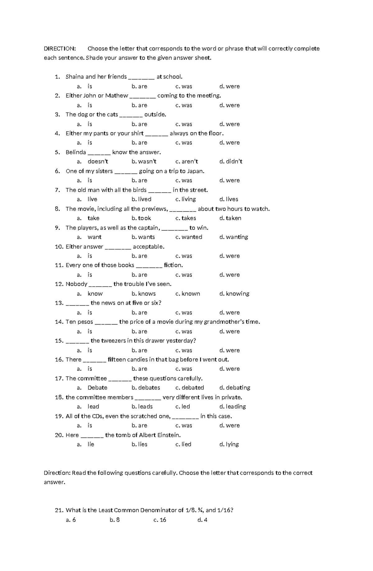 Battery EXAM - can serve as reference - DIRECTION: Choose the letter ...