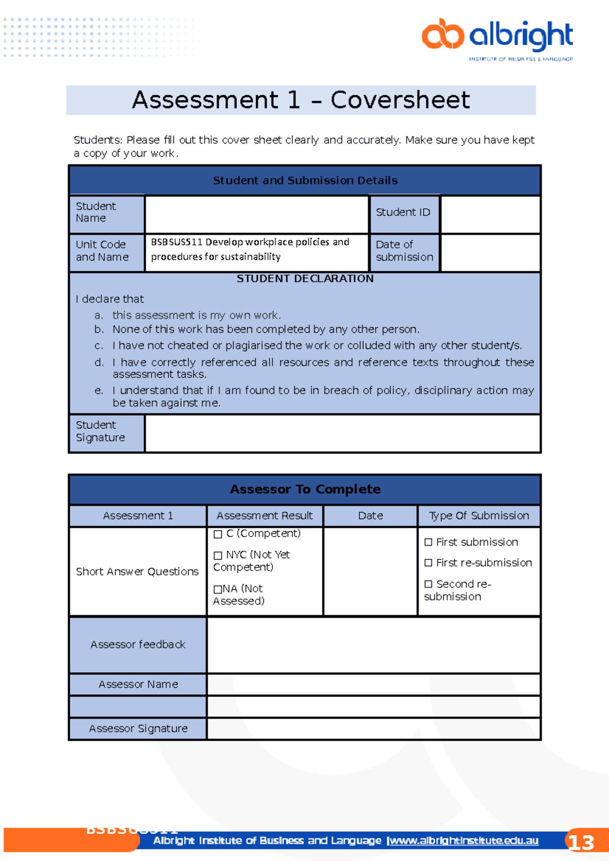 Bsbsus 511 Assessment 1 (Word Version)Assessment 1 - 13 Assessment 1 ...