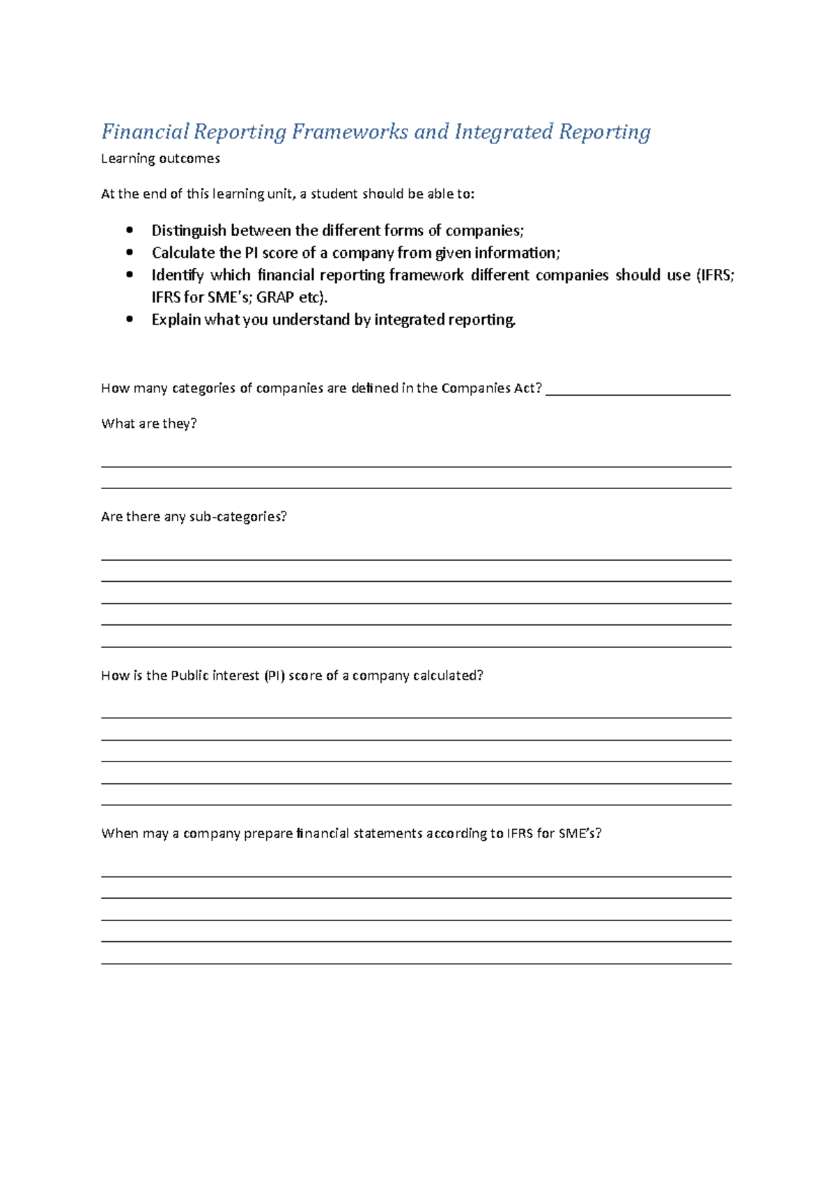 Financial Reporting Frameworks and Integrated Reporting for class Eng ...