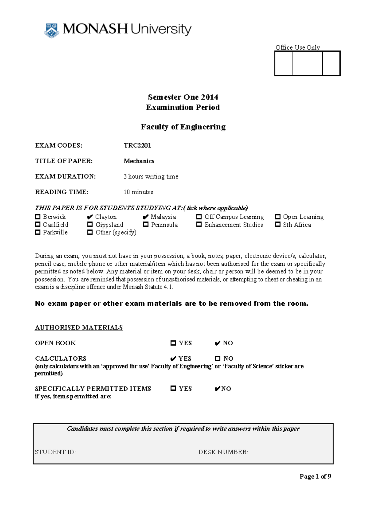 Exam 2014, questions - Office Use Only Semester One 2014 Examination ...