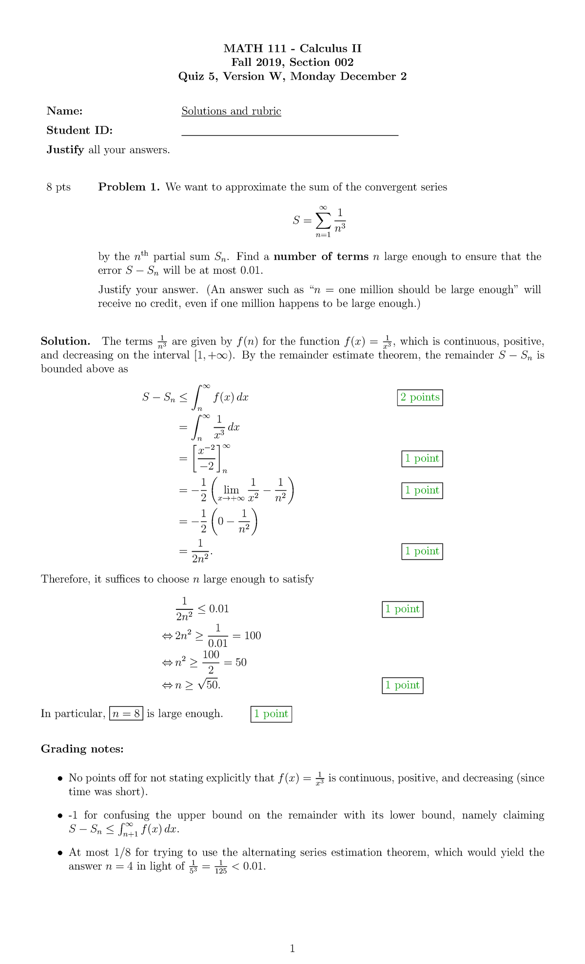 Math111Quiz5Solutions - MATH Calculus II Fall 2019, Section 002 Quiz 5 ...