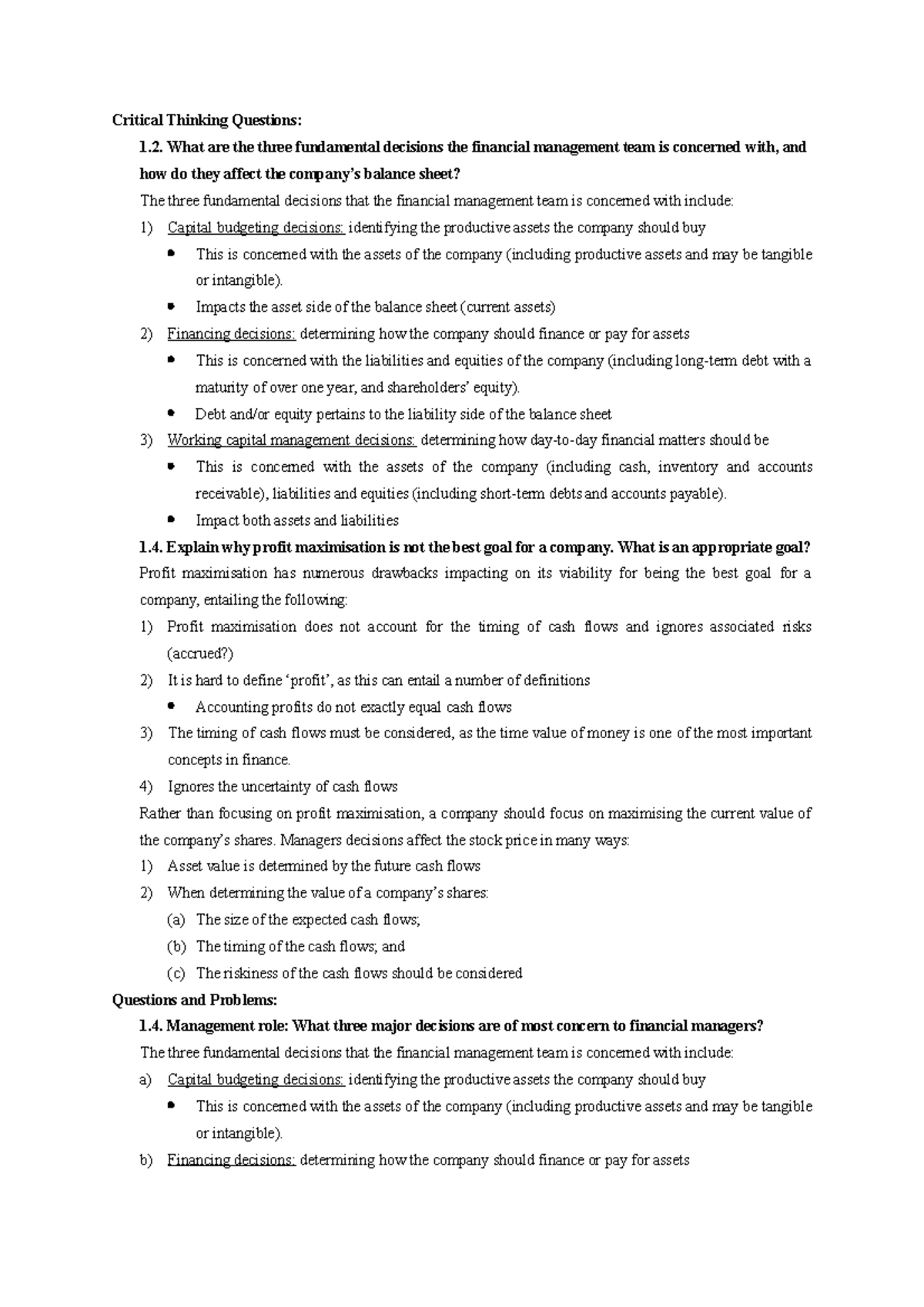 FIN111 Tutorial 1 - Homework - Critical Thinking Questions: 1. What are ...