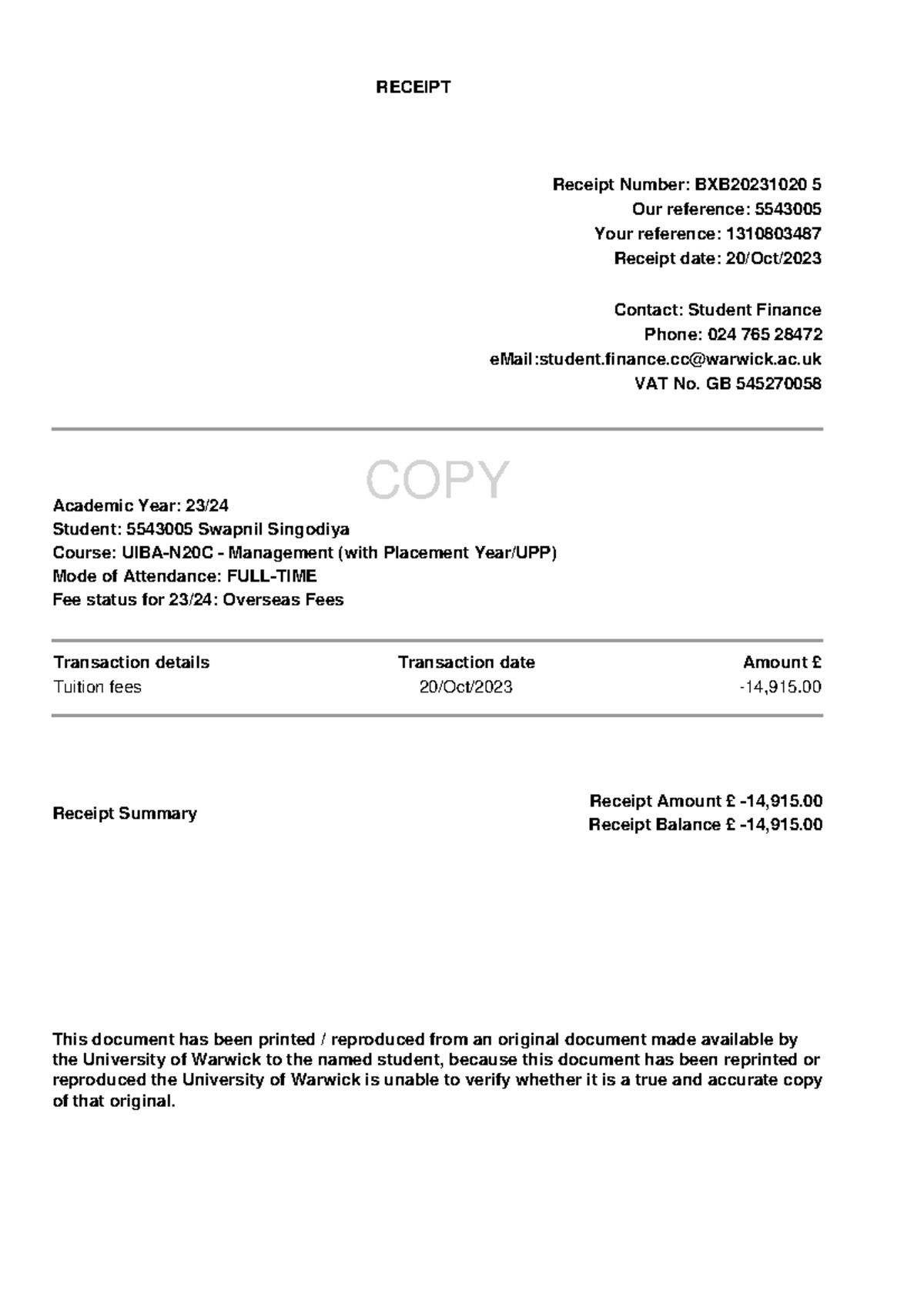 2D8ACE38 71EE 11EE 9600 FD41F7FDDB5F - Receipt Summary Receipt Amount ...
