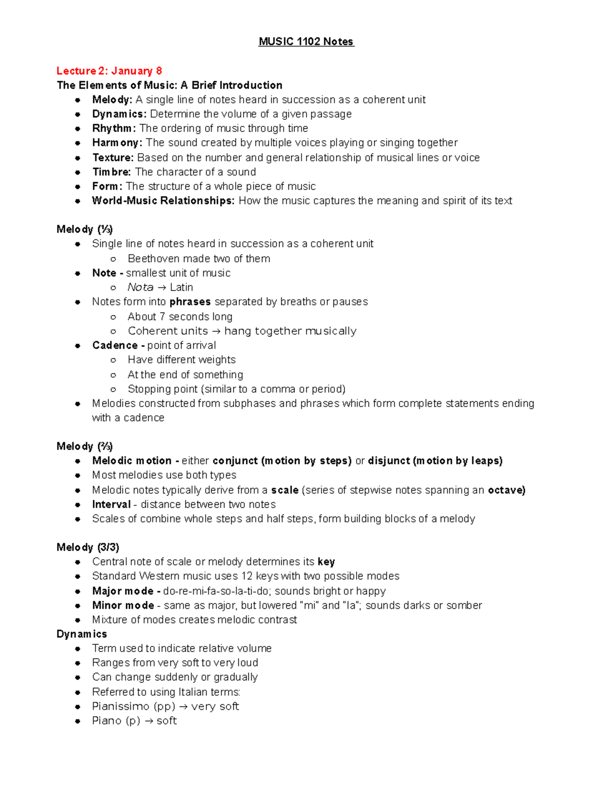 Music 1102 Midterm Notes-2 - MUSIC 1102 Notes Lecture 2: January 8 The ...