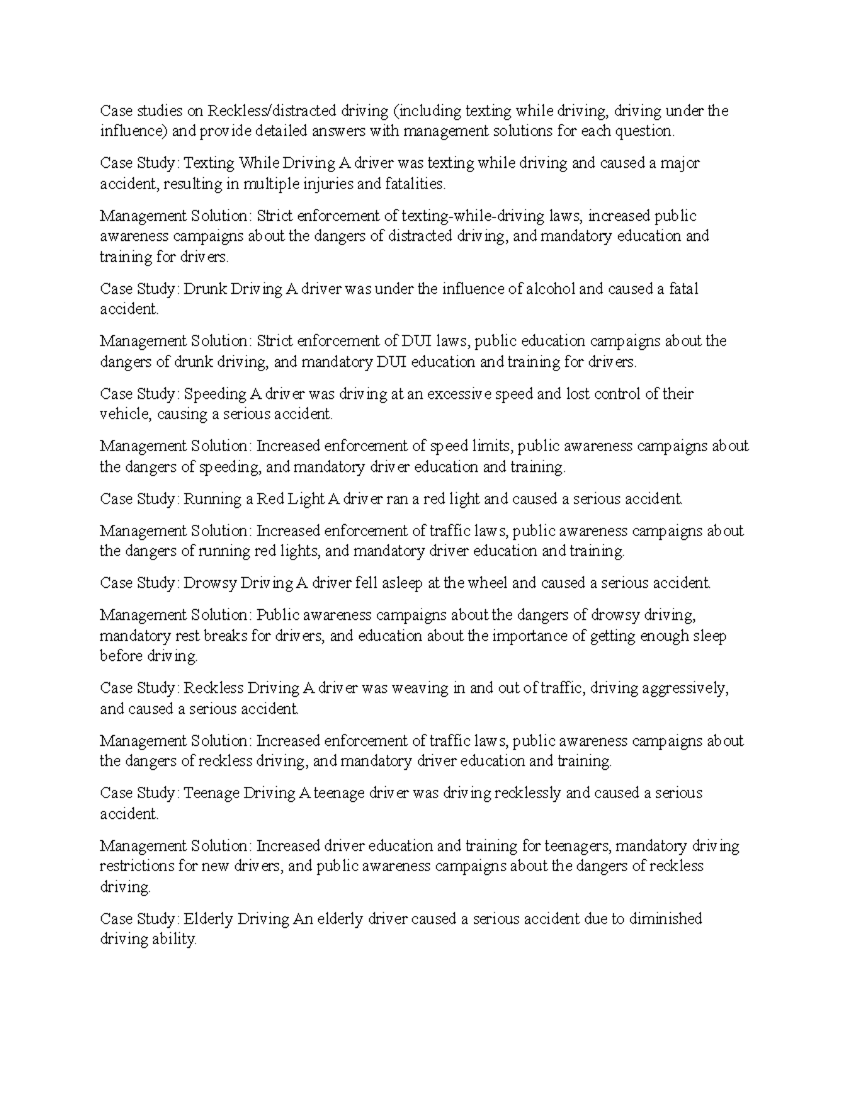 28 Case studies on Reckless or distracted driving (including texting ...