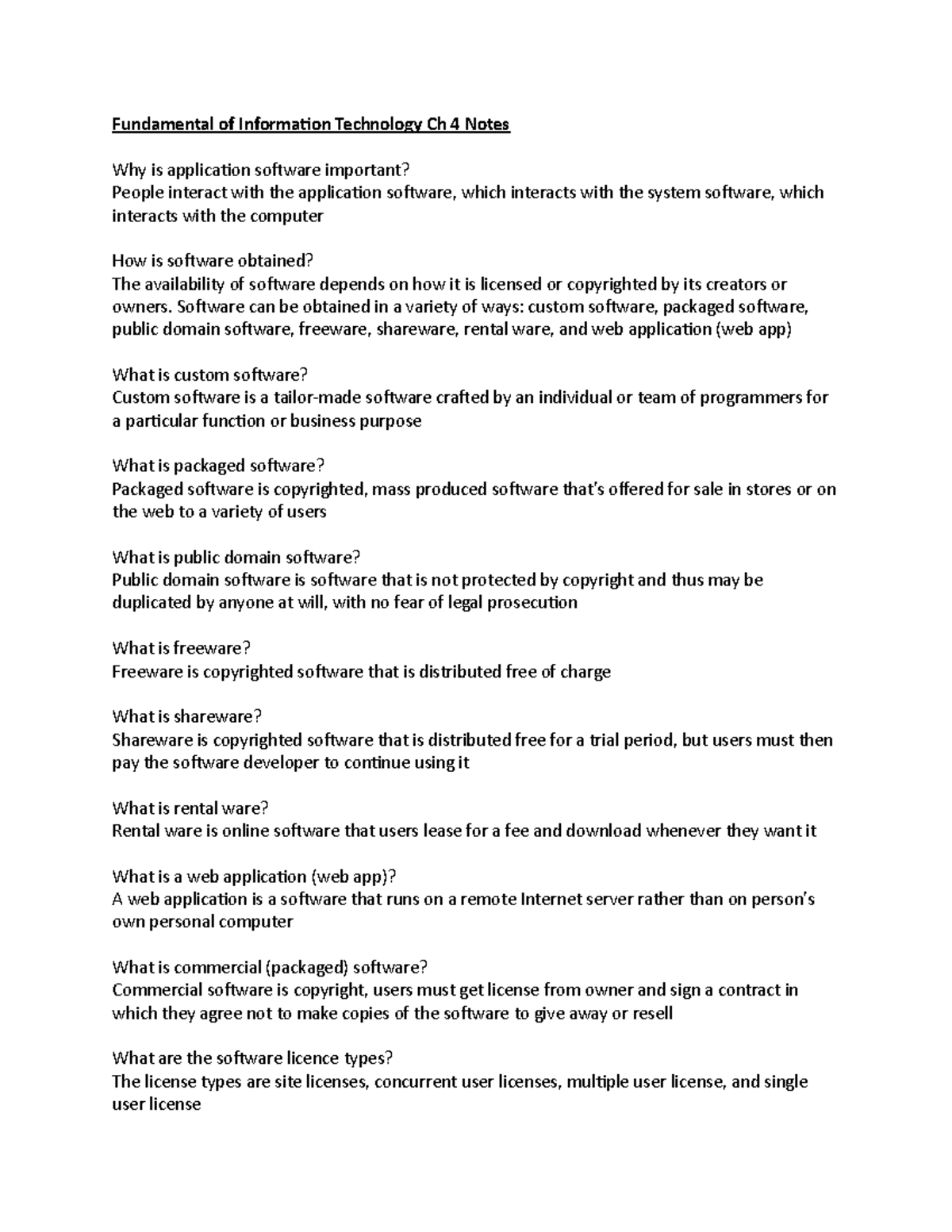 Fundamental of Information Technology Ch 4 Notes - Software can be ...