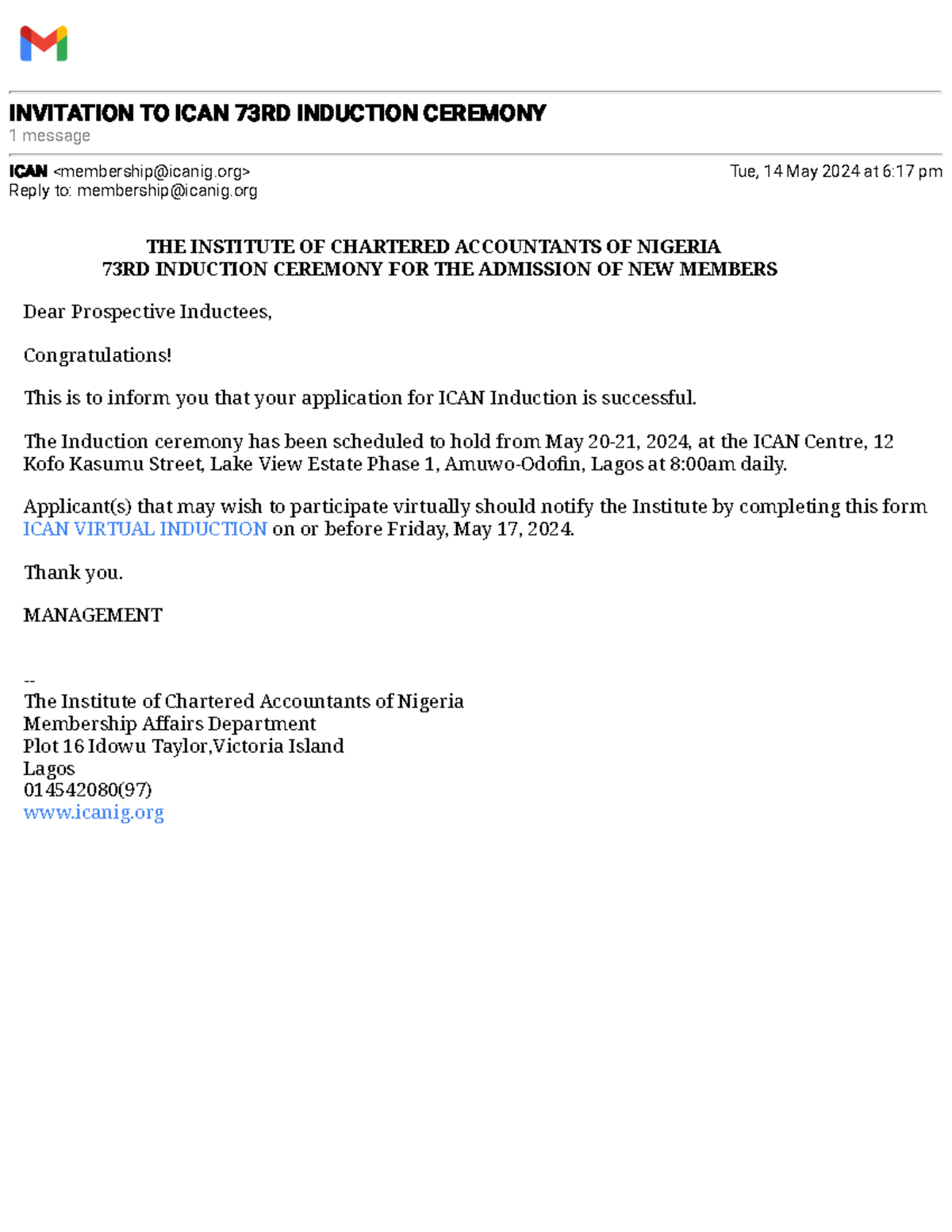 Gmail - Invitation TO ICAN 73RD Induction Ceremony - INVITATION TO ICAN ...