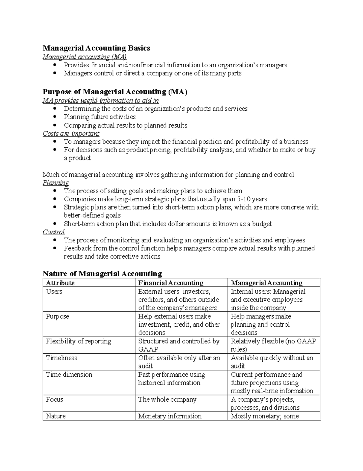 Chapter 1 Notes - Managerial Accounting Basics Managerial accounting ...