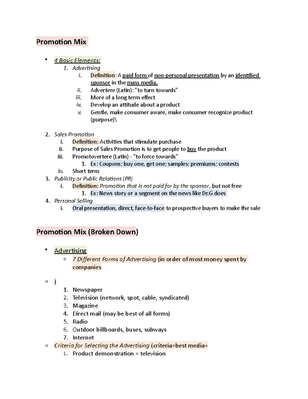 Promotion Study Guide - Content on Exam 3 - Promotion Mix 4 Basic ...