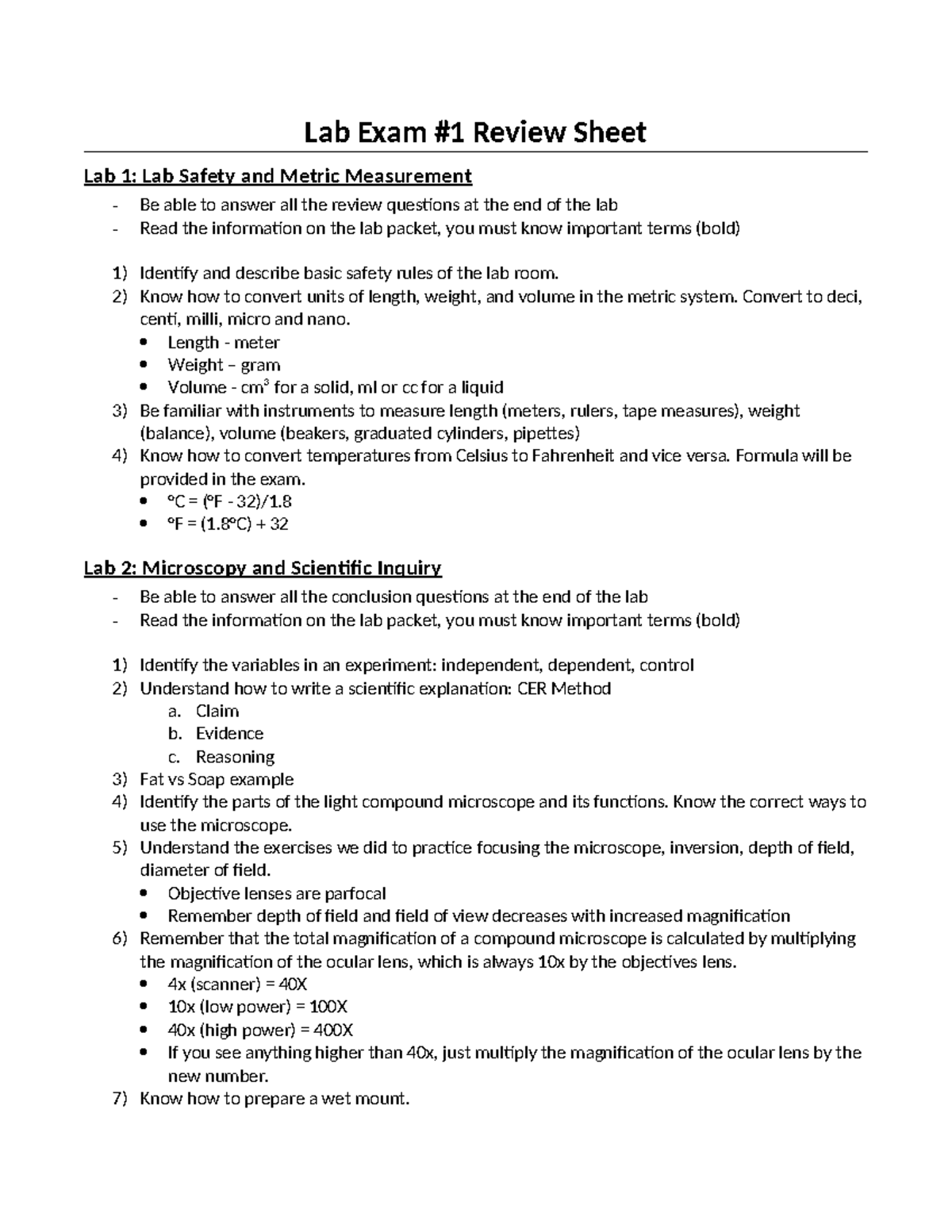 BIOL 1406, Lab Exam #1 Review - Lab Exam #1 Review Sheet Lab 1: Lab ...