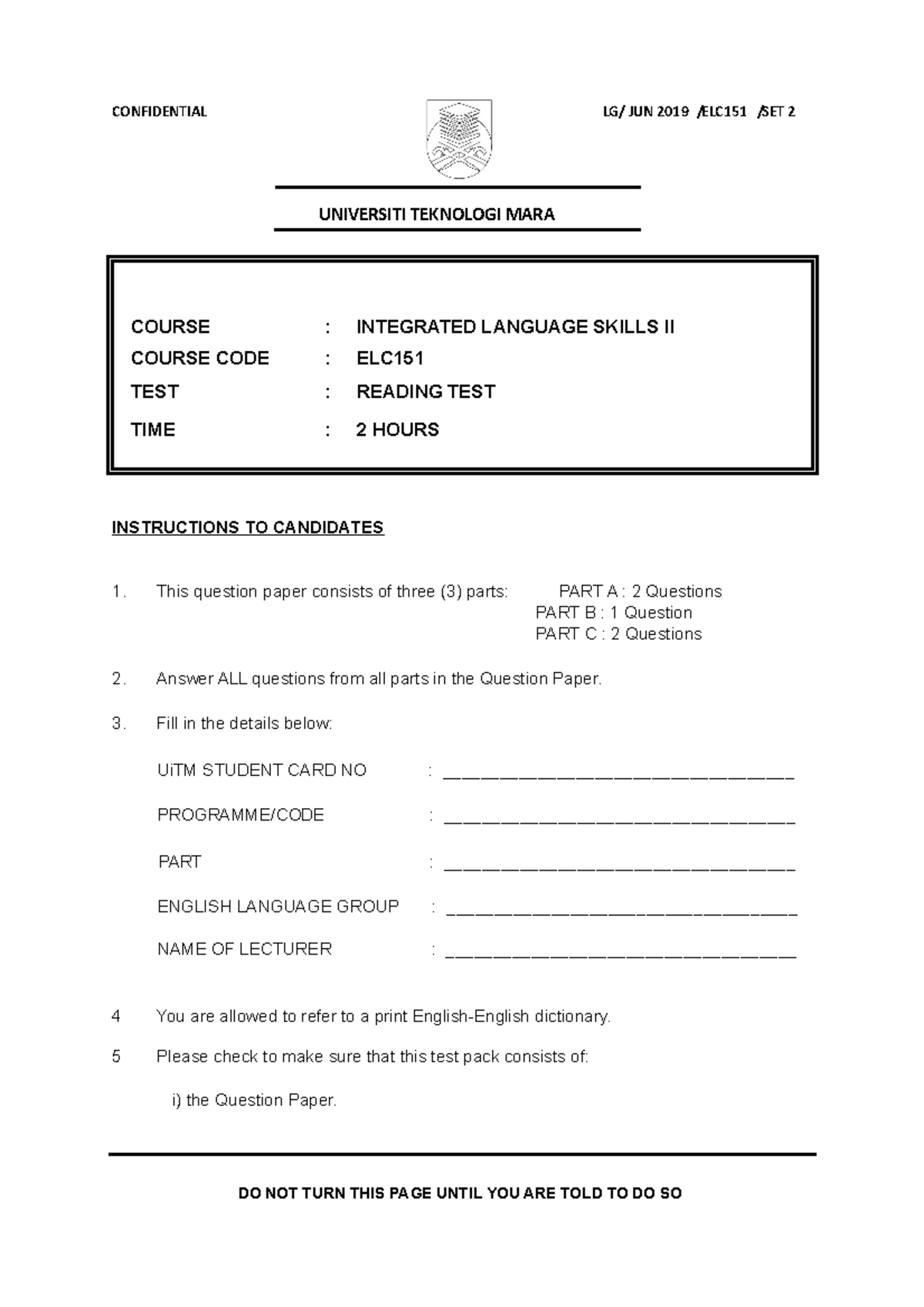 ELC151 JUNE 2019 SET 2 - idk - COURSE : INTEGRATED LANGUAGE SKILLS II ...