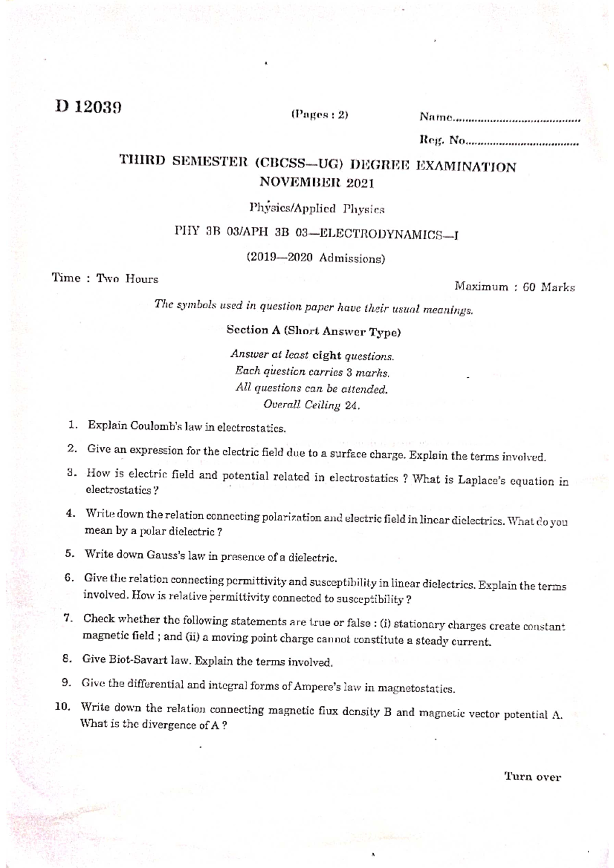 Question Paper - Bsc physics - Studocu