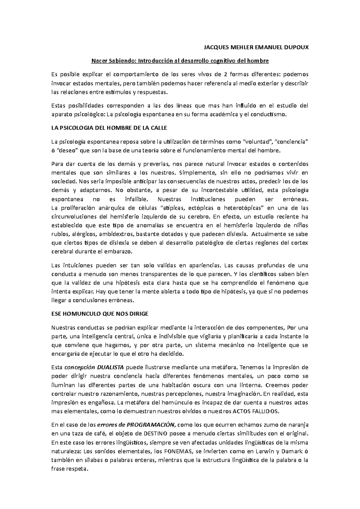 Jacques Mehler Emanuel Dupoux- Nacer Sabiendo - JACQUES MEHLER EMANUEL ...