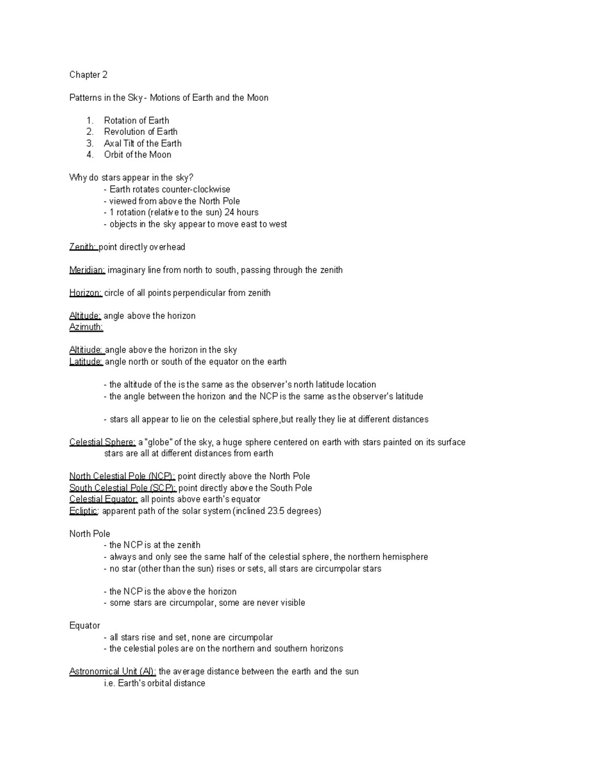 Chapter 2 Notes - Chapter 2 Patterns in the Sky - Motions of Earth and ...
