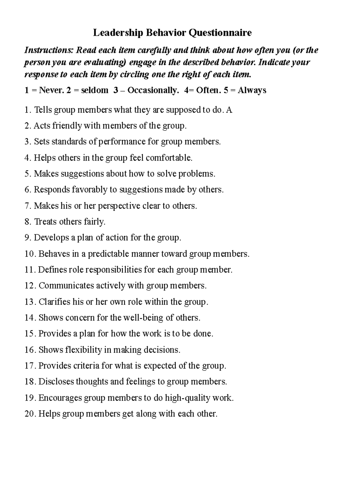 Leadership Behavior Questionnaire - Leadership Behavior Questionnaire ...