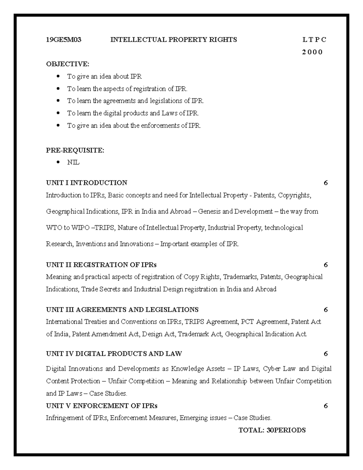 19GE5M03 Intellectual Property Rights syllabus - 19GE5M03 INTELLECTUAL ...