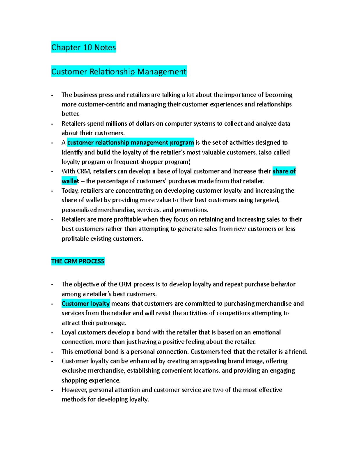 Midterm 2 Notes - Chapter 10 Notes Customer Relationship Management ...