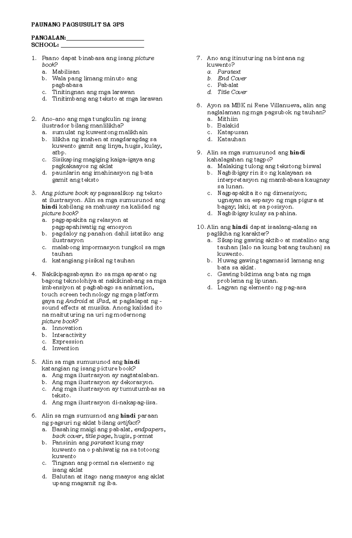 Paunang Pagsusulit - reviewer - PAUNANG PAGSUSULIT SA 3PS PANGALAN ...