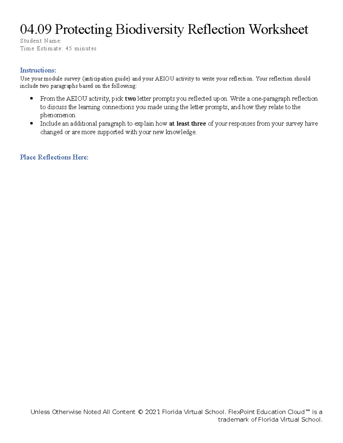 04 09 reflection worksheet - 04 Protecting Biodiversity Reflection ...