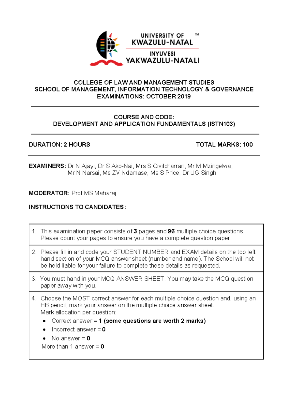 ISTN103 Exam answer - COLLEGE OF LAW AND MANAGEMENT STUDIES SCHOOL OF ...