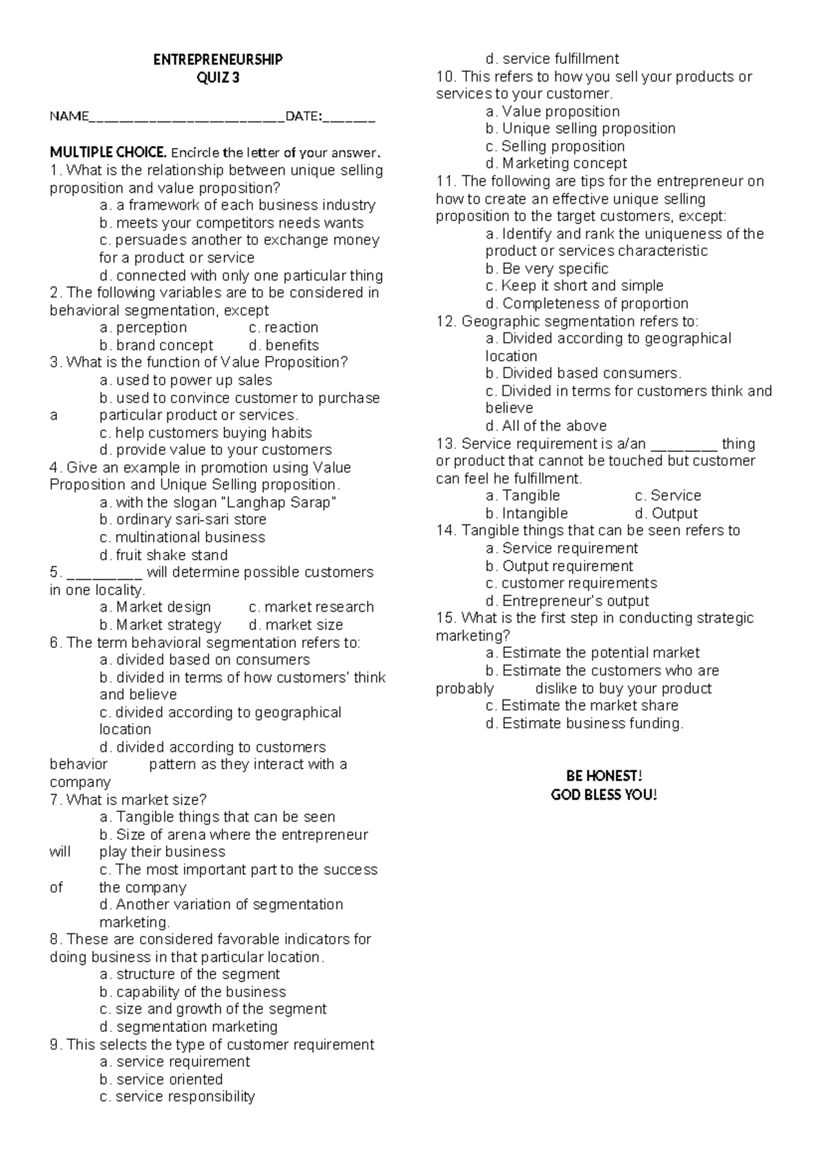 Entrep Q3 - quiz - ENTREPRENEURSHIP QUIZ 3 NAME ...