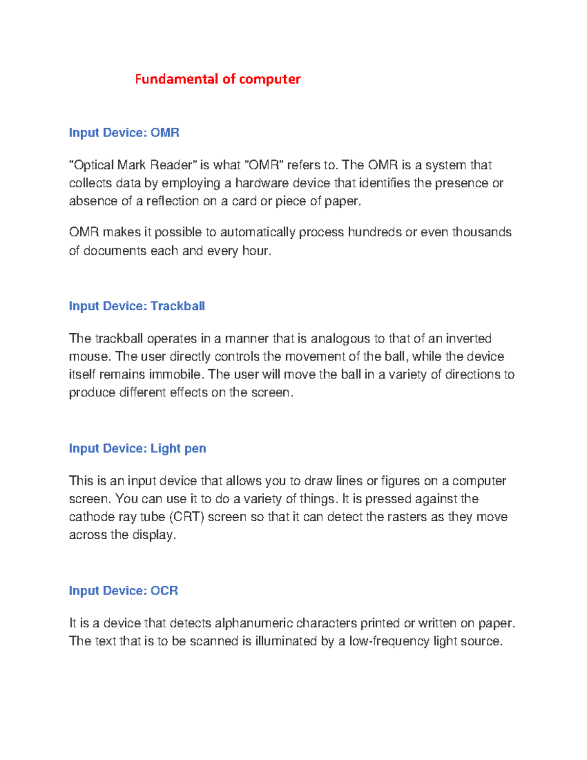 Fundamental of computer Notes - Fundamental of computer Input Device ...