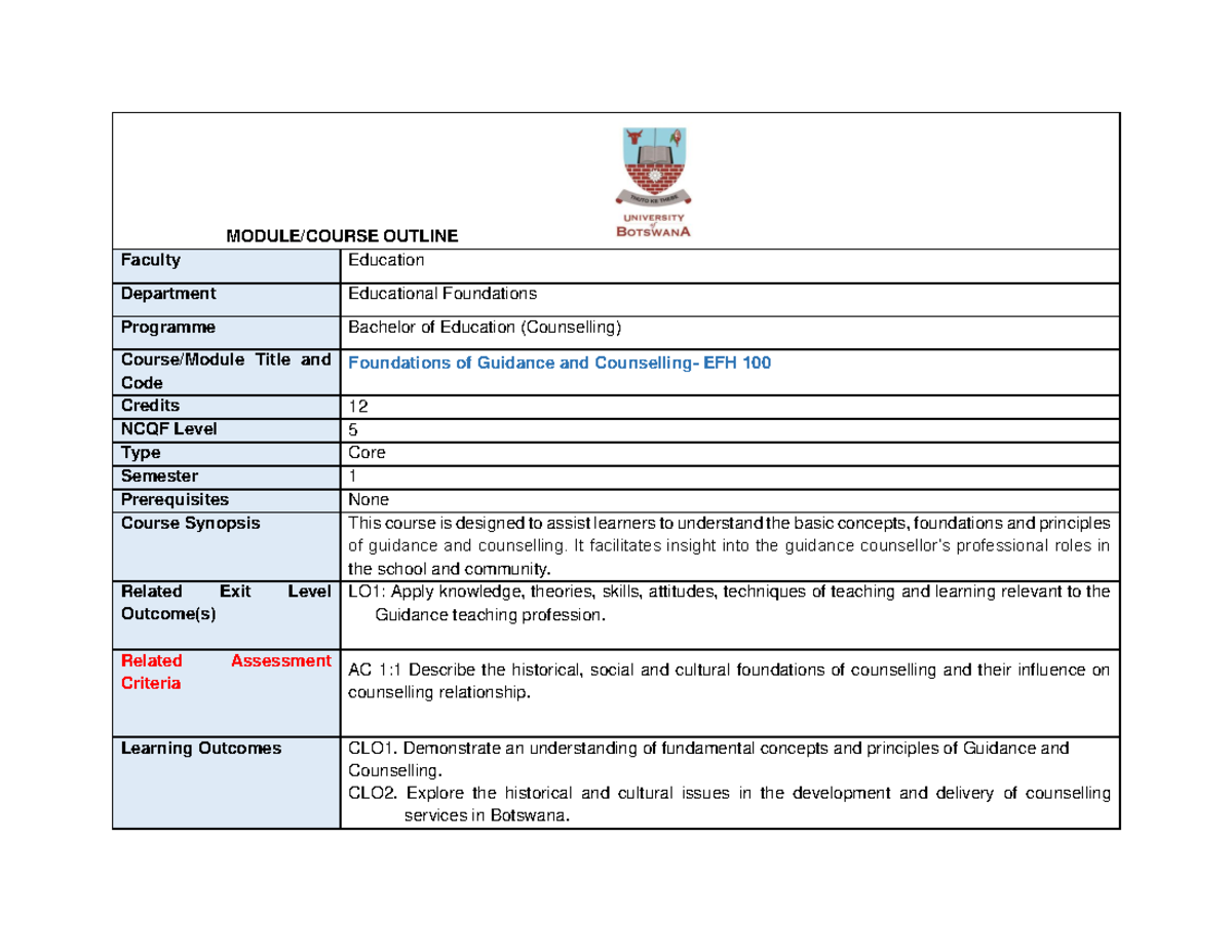 EFH100 BQA course outline 2024 - MODULE/COURSE OUTLINE Faculty ...