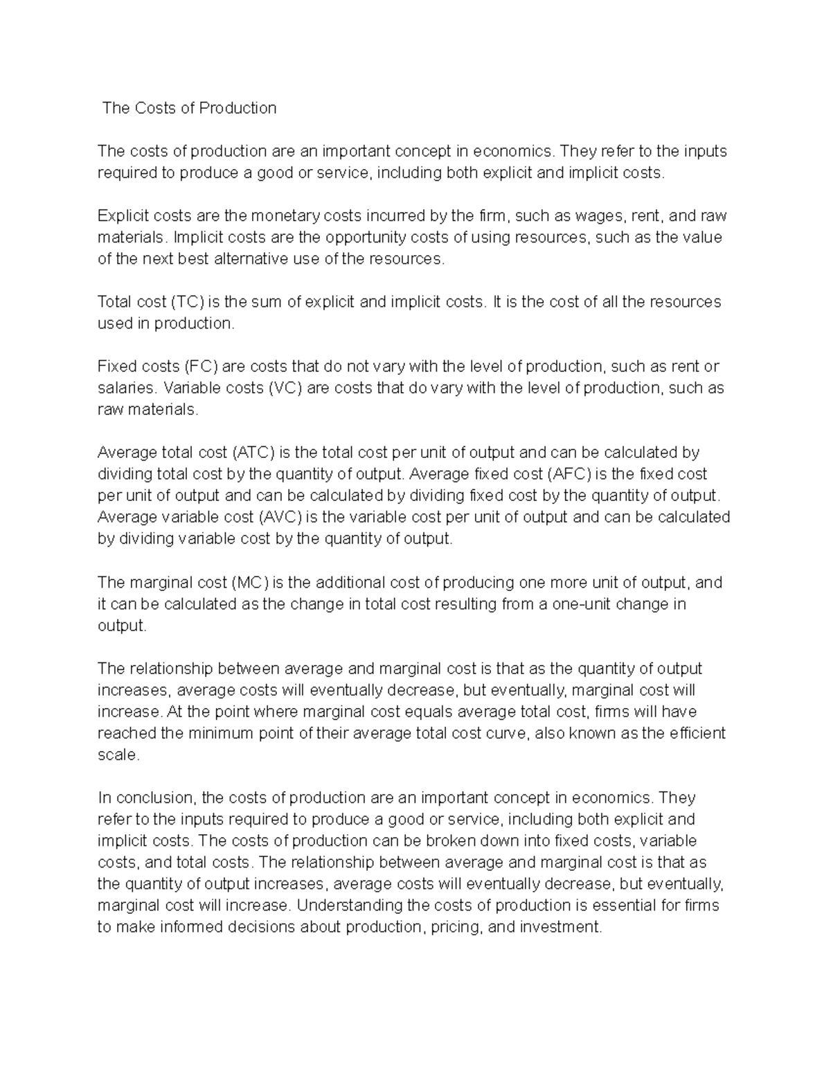 Microeconomics Notes - The Costs of Production - The Costs of ...