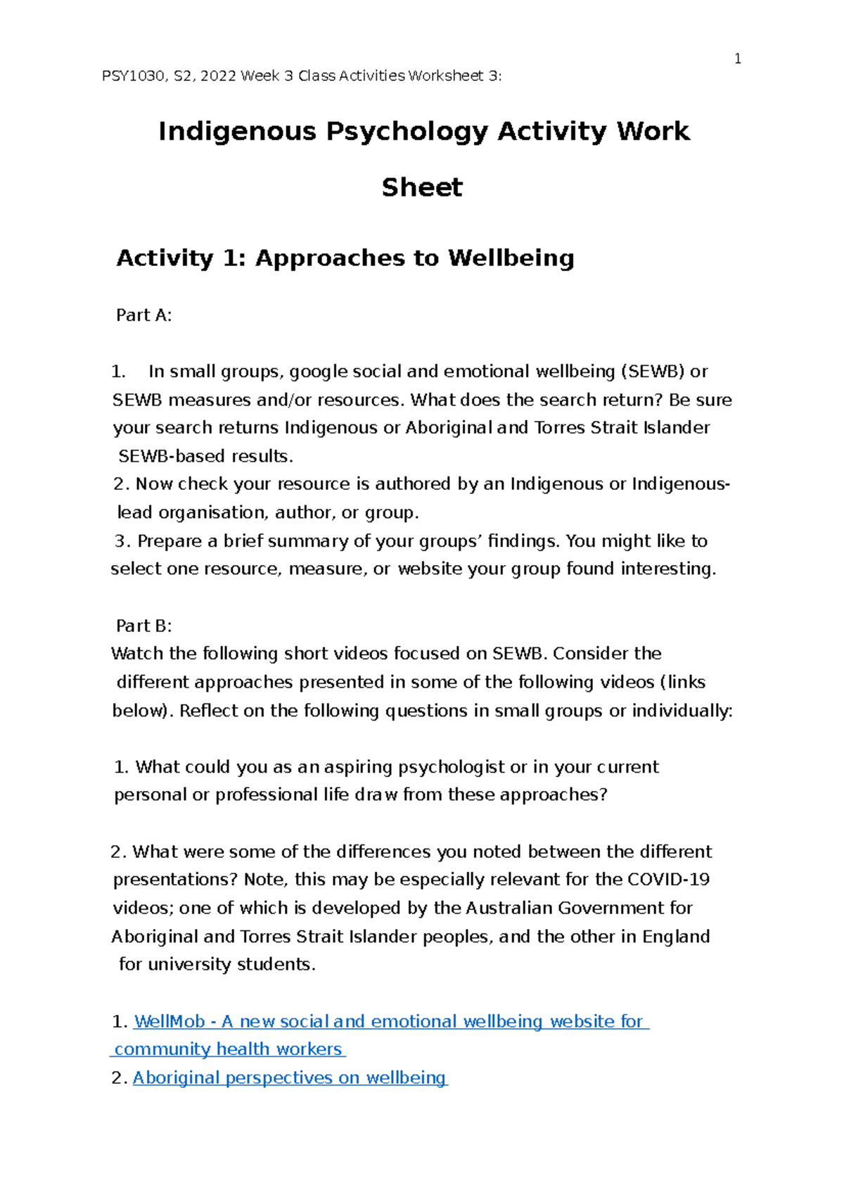 Week 3 Class Activities Worksheet 3 - Indigenous Psychology SEWB - 1 ...