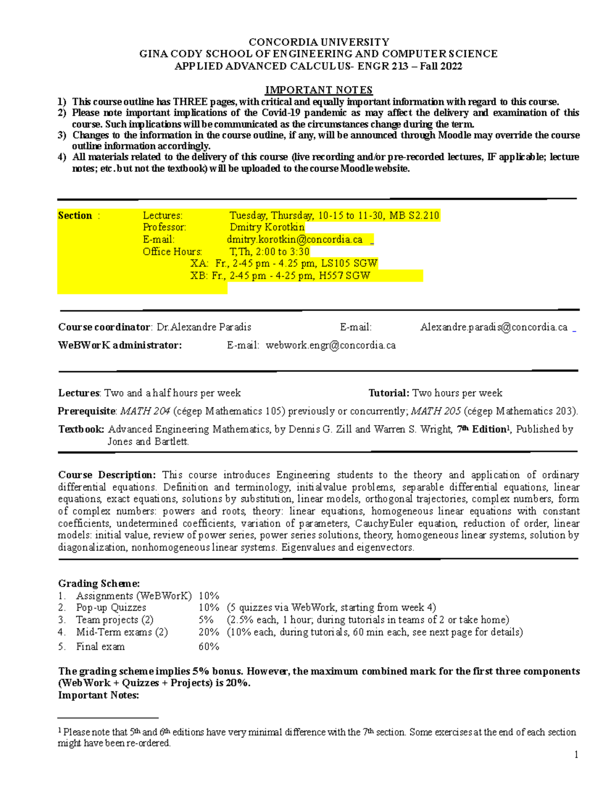 ENGR213 Outline - CONCORDIA UNIVERSITY GINA CODY SCHOOL OF ENGINEERING AND COMPUTER SCIENCE ...